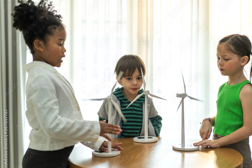 Portrait happy teacher help school children student having fun activity ...