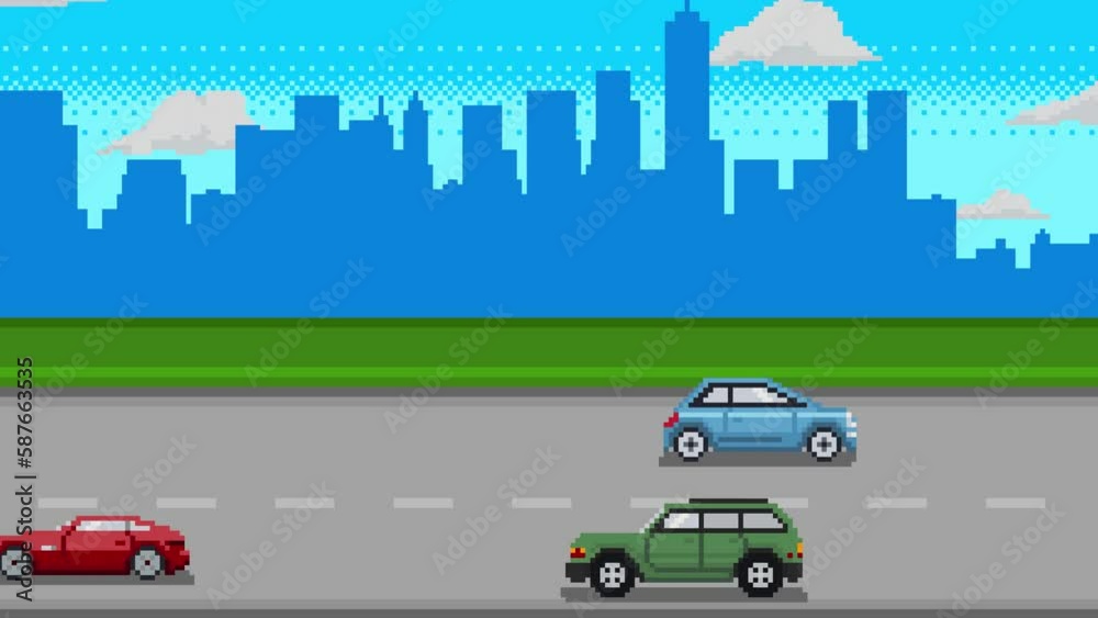 Animated pixel art design of traffic on the highway with moving cars ...