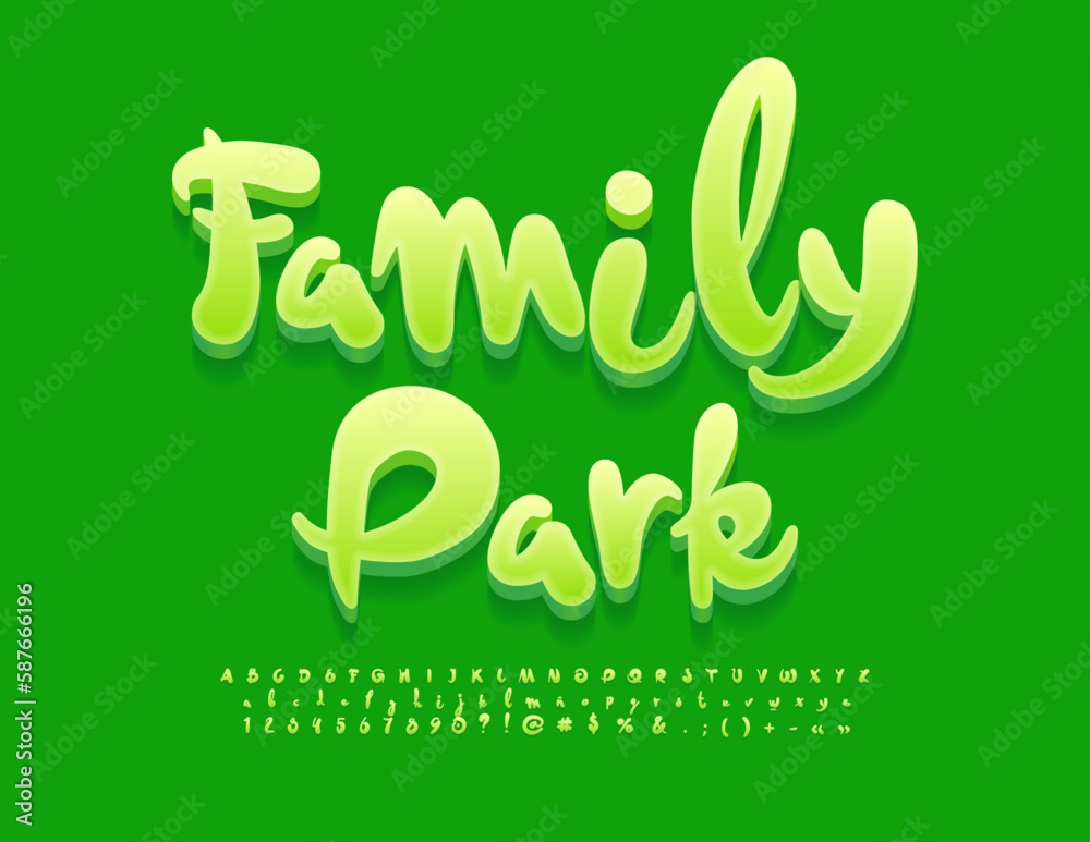 Vector green poster Family Park. Handwritten 3D Font. Set of artistic ...