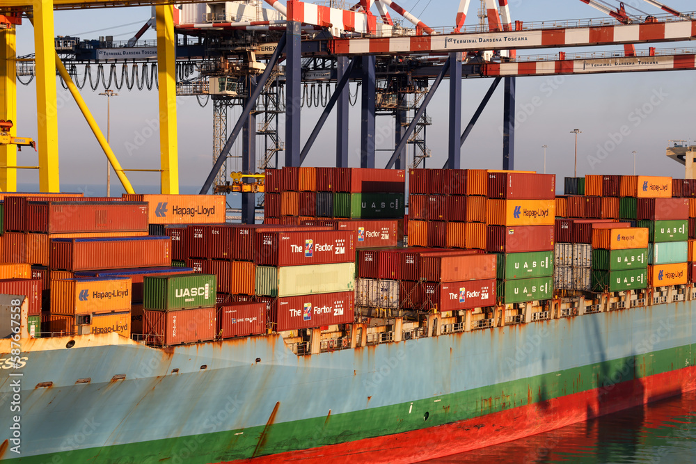 Livorno, Italy - 08 20 2023: Container terminal with stowed containers ...