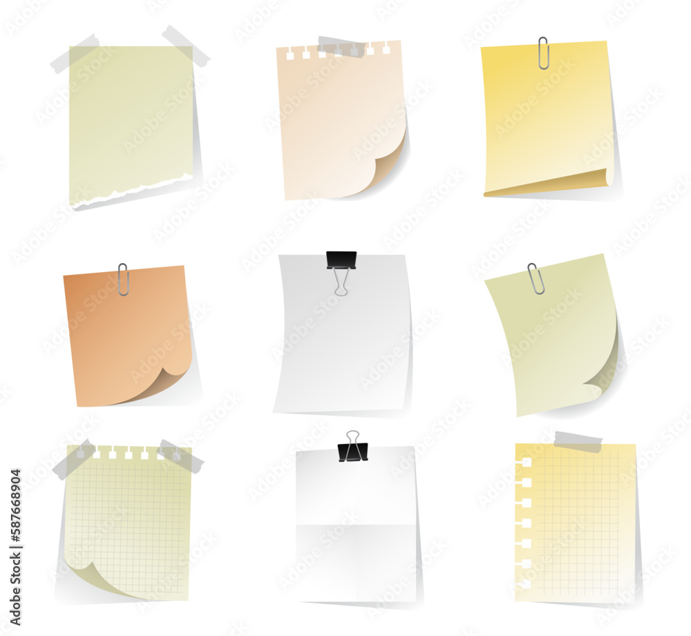 Realistic paper set. Collection of colorful notepad sheets with pins ...