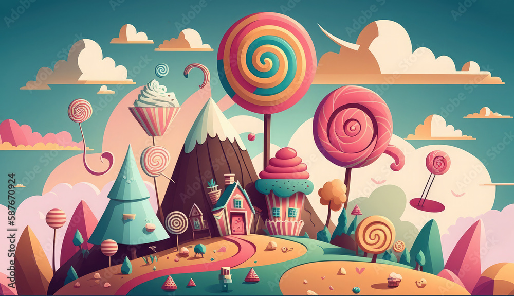 Sweet landscape with mountains of chocolate, lollipops trees and ...