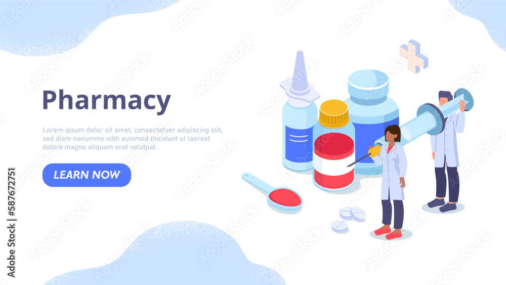 Pharmacy isometric banner. Man and woman with big syringe near white ...