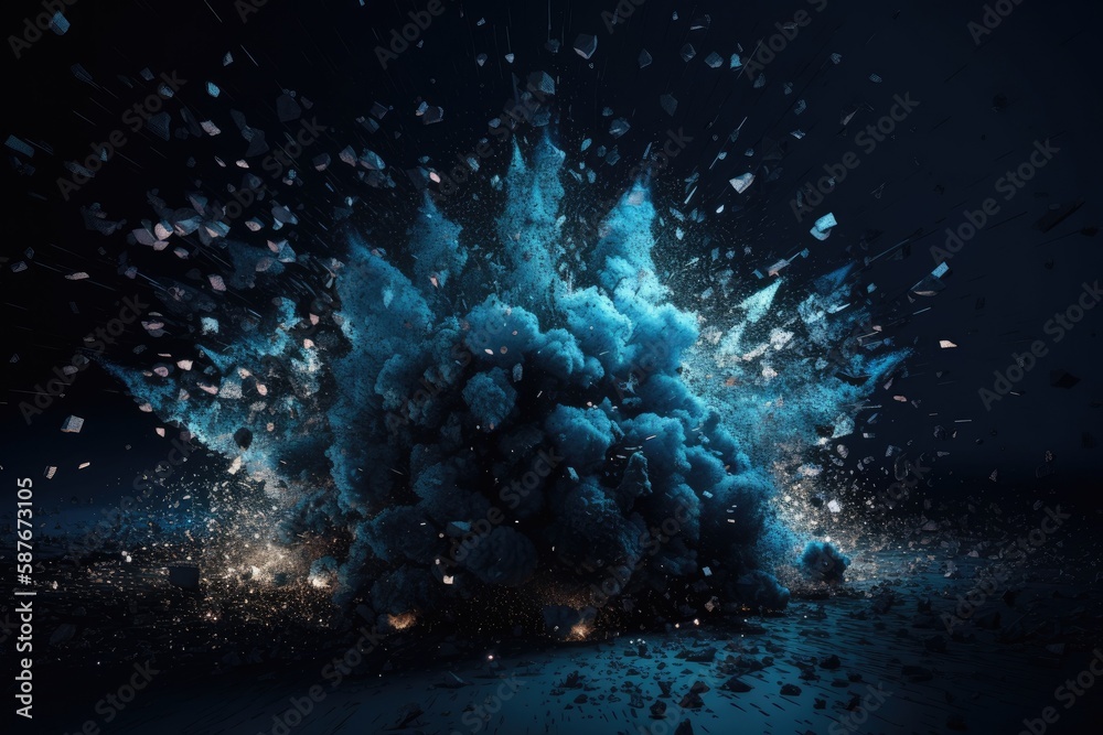 powerful explosion with blue and black colors and lots of dust ...