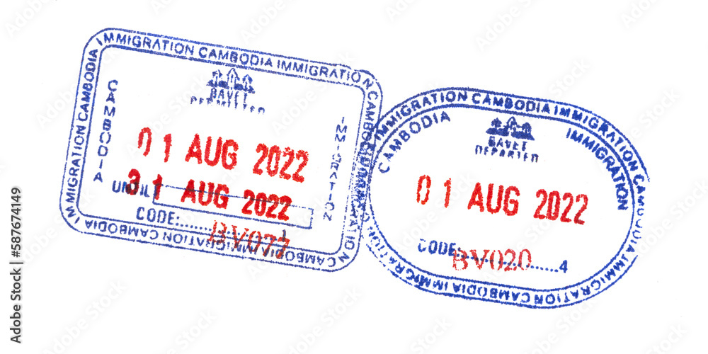 Entry and exit stamps placed in a passport by Cambodia border control ...