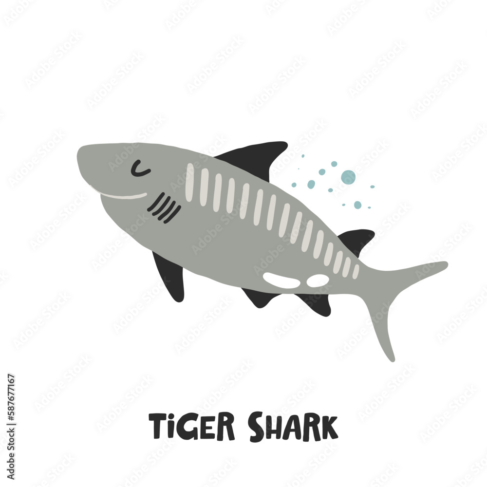 Tiger shark. Hand drawn vector cartoon illustration for kids. Amusing ...