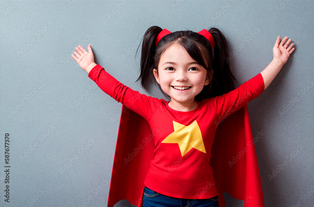 Little girl superhero. Portrait of happy kid with smile on face in ...