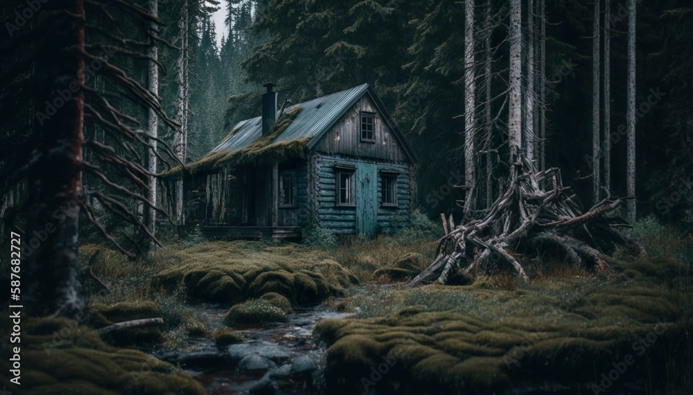 Photograph of a forest with a creepy abandoned cabin 50mm f4 cinematic ...
