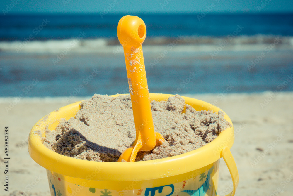 Plastic bucket with showel using for relax and playing at beach. Summer ...