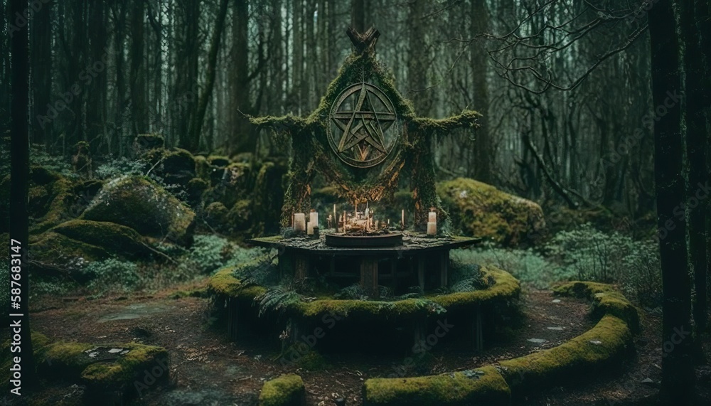 Photograph of a forest with a mysterious altar or ritual site 35mm f8 ...