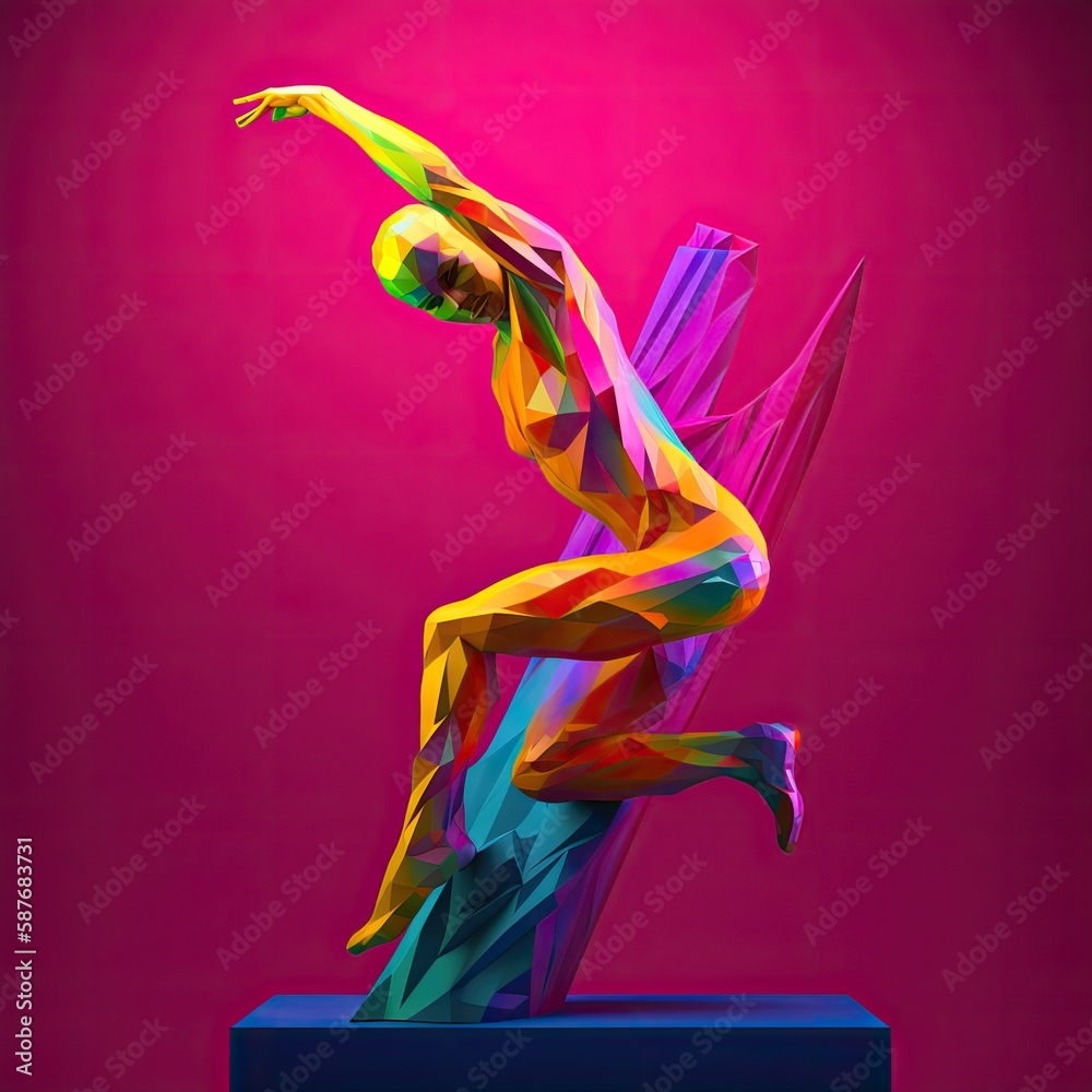 statue of a gymnast mid-flip, with a bold and vibrant color palette ...
