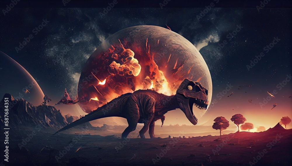 Dinosaurs extinction after an asteroid hit Earth. Generative AI. Stock ...