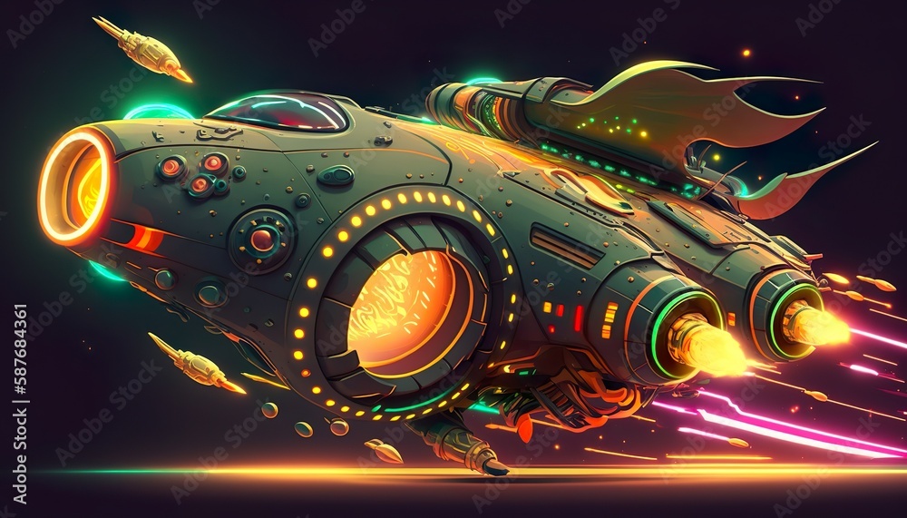 A neon spaceship with glowing thrusters and a trail of colorful exhaust ...