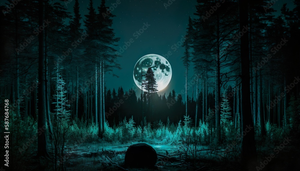 Photograph of a full moon over a dark and spooky forest 50mm f5 ...