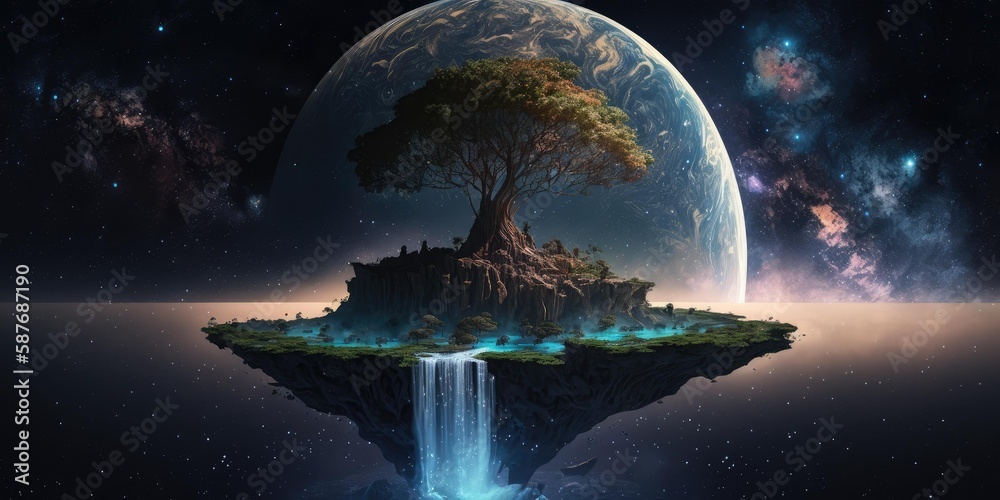 Fantasy fairytale sphere island floating in universe of night sky ...
