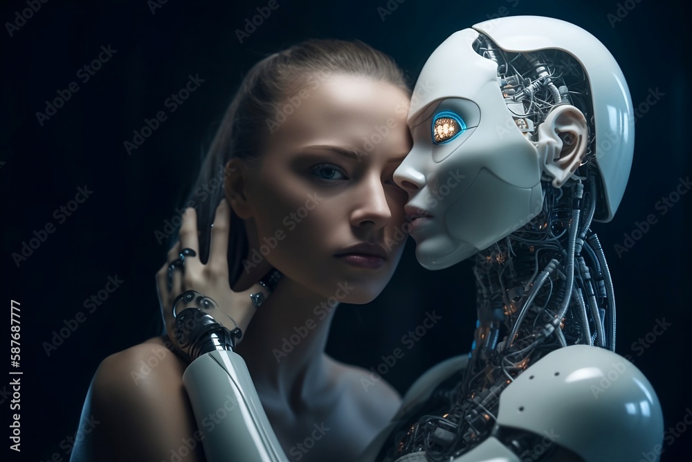 Human and Artificial Intelligence fusion, coexisting and love. Humanoid ...