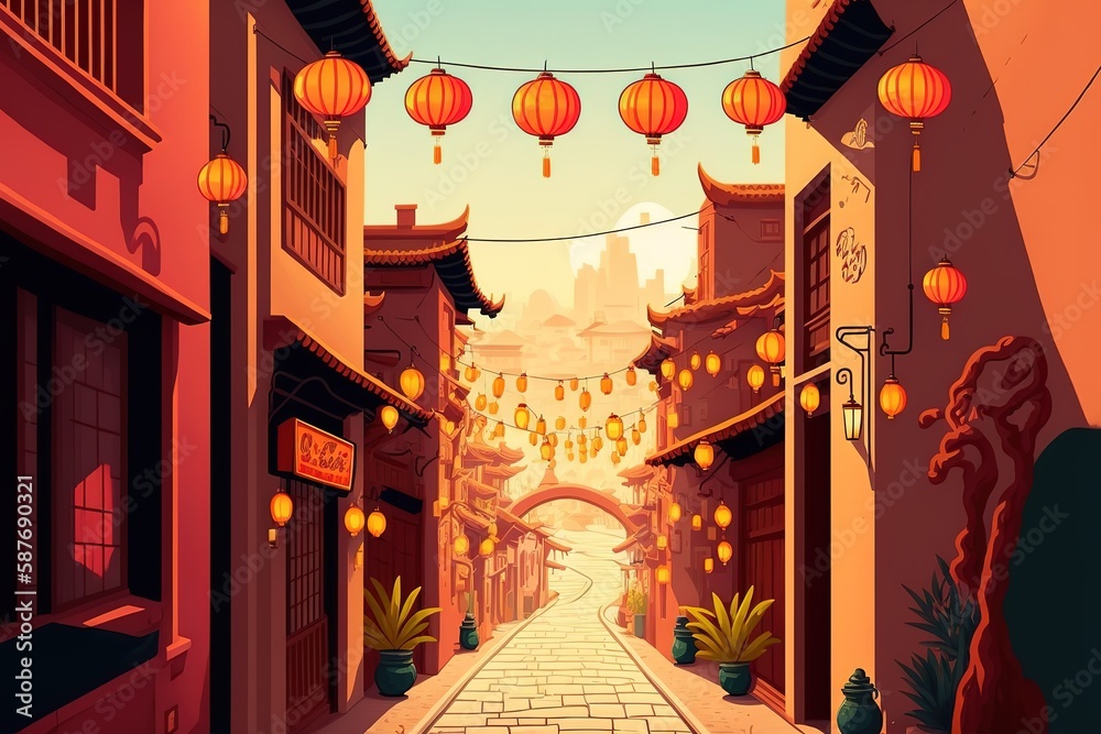chinese street with old houses, chinese arch, lanterns and a garland ...