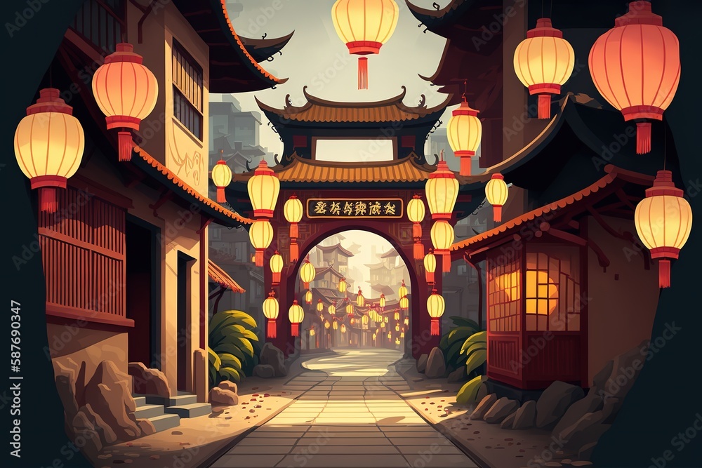 chinese street with old houses, chinese arch, lanterns and a garland ...