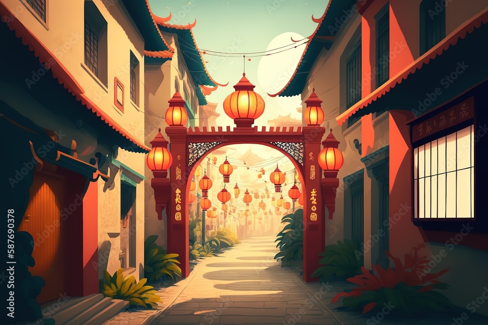 chinese street with old houses, chinese arch, lanterns and a garland ...