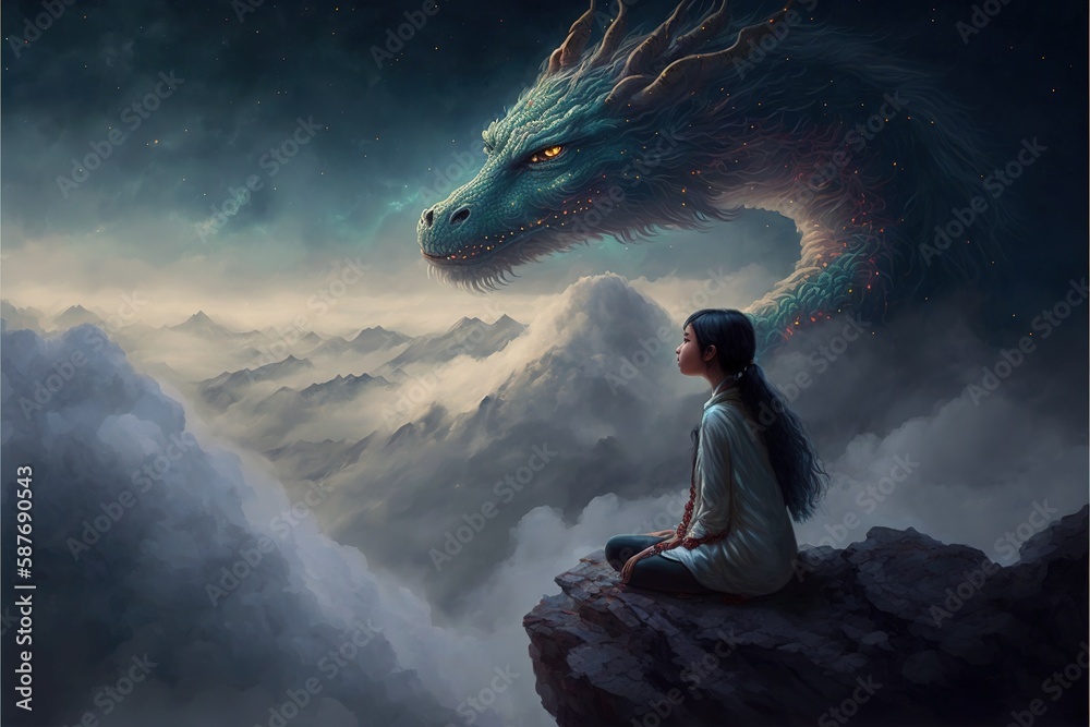 Chinese girl sitting on top of mountain above the cloud with her dragon ...