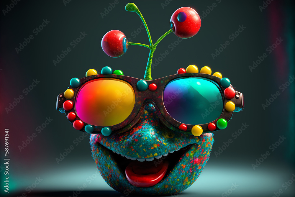 Cartoon happy red ball with open mouth and pearly teeth and psychedelic ...