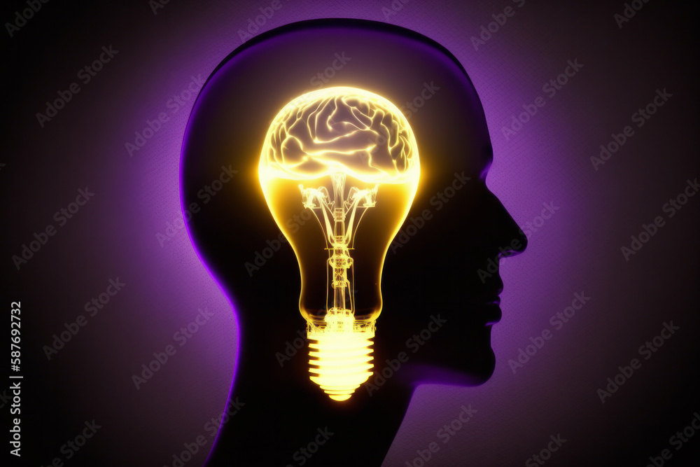 Glowing light bulb inside a transparent human head silhouette on a dark ...