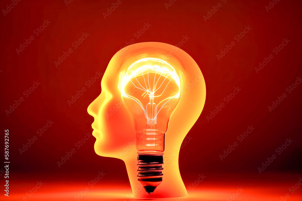 Glowing light bulb inside a transparent human head silhouette on a red ...