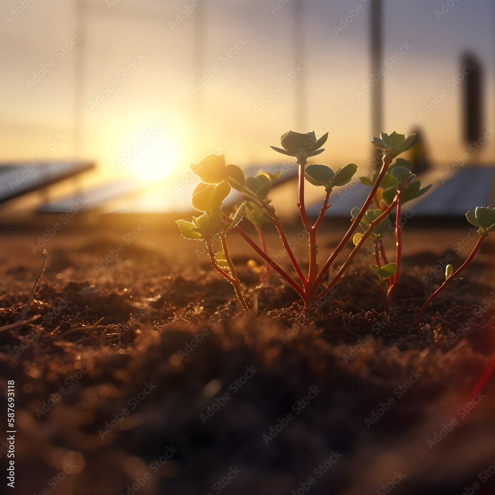 Plant rising from the ground at sunset with solar panels in the ...