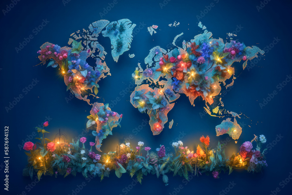 World map made from flowers and plants. Blue background, showcasing the ...