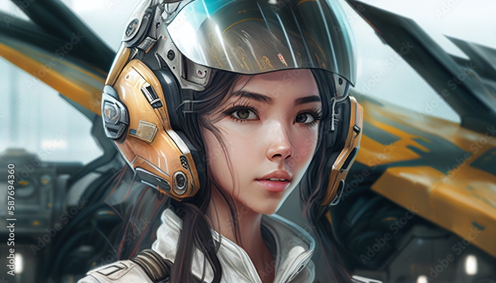 Wearing a pilot's helmet, detailed eyes, a slim figure, smile,Warframe ...