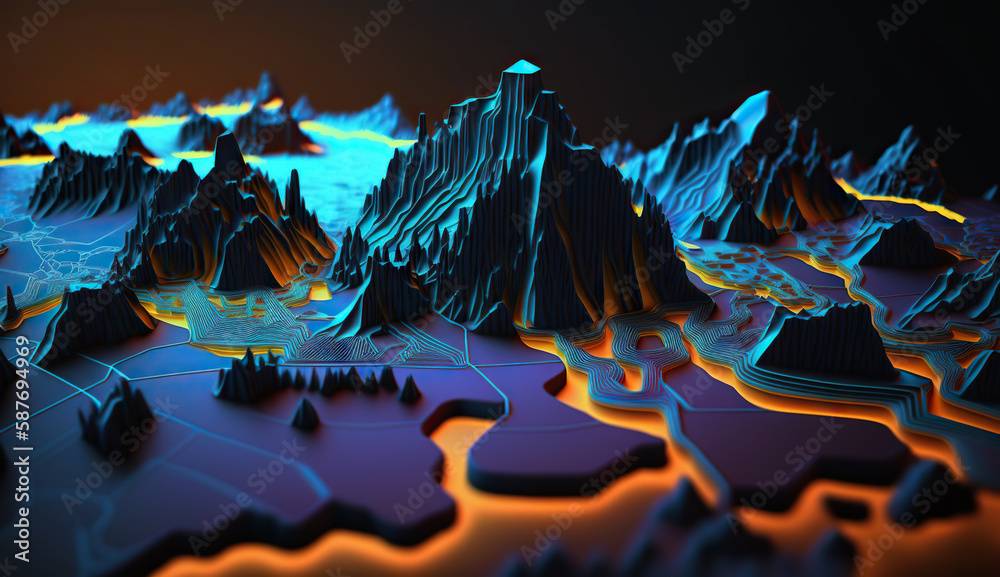 Abstract digital landscape relief with glowing edges. Based on ...