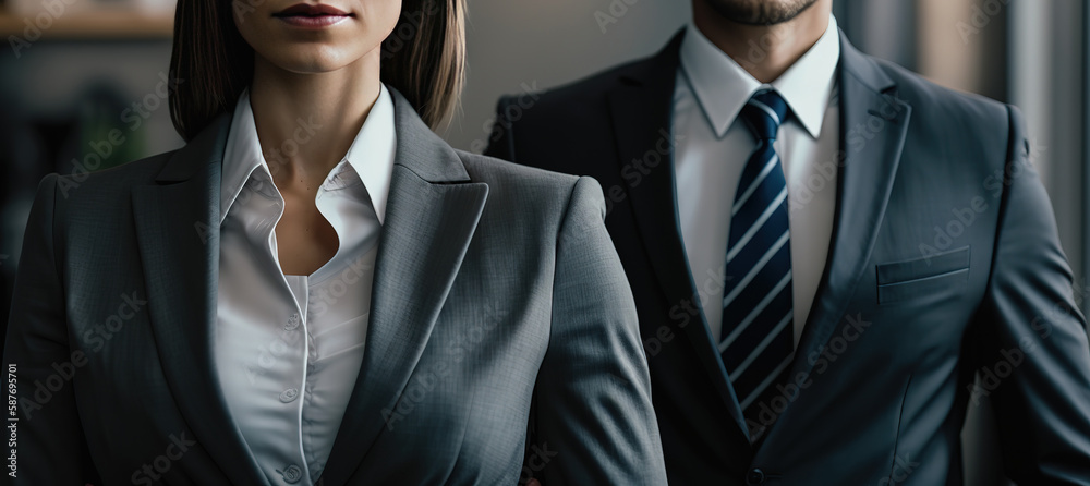 Close-up at woman and man in formal business suit uniform are standing ...