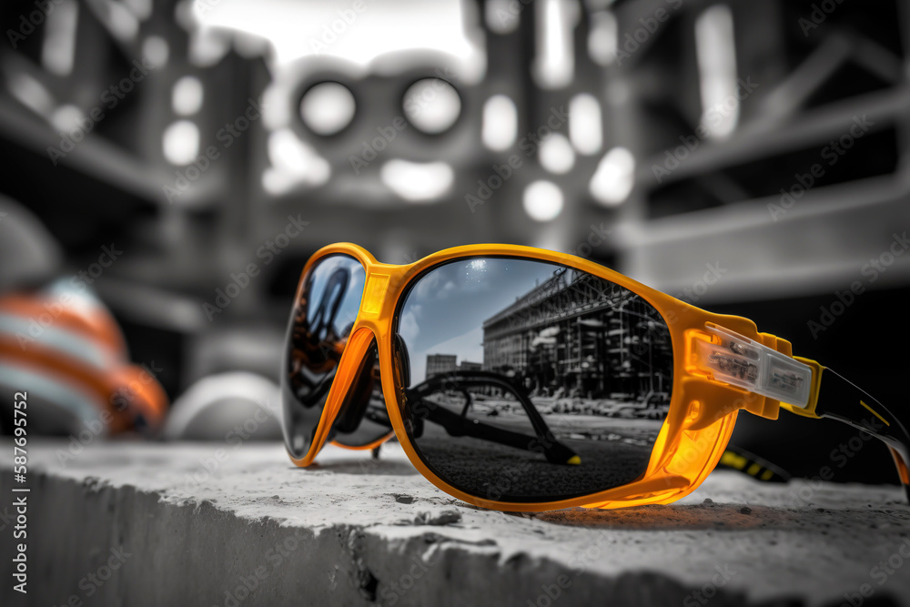 A safety eyeglasses for construction worker which is placed on ground ...