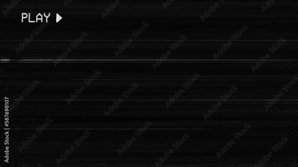 VHS damaged tape with analog noise and a play text on screen. Vintage ...