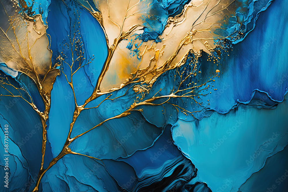 Marble ink abstract art blue and gold background. Ai generated Stock ...