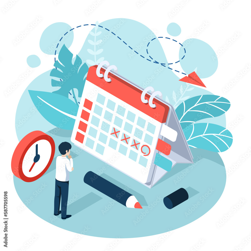 Miniature businessman planning the date, holiday, priority, and ...