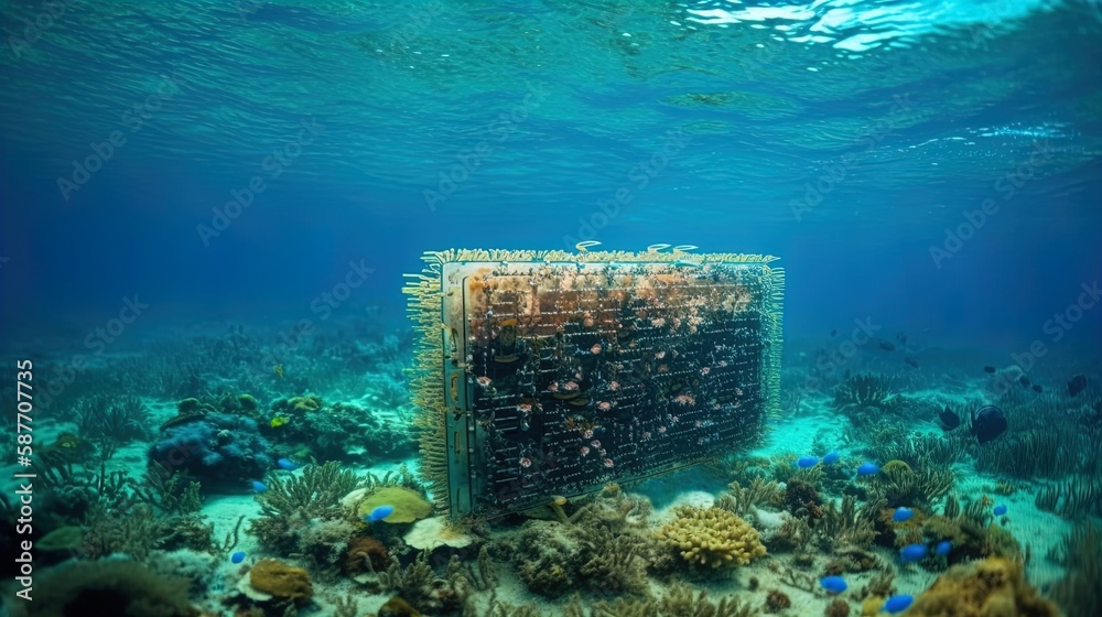 Sea Chip: Underwater Microchip Base for Thriving Ocean Life Symbolizing ...