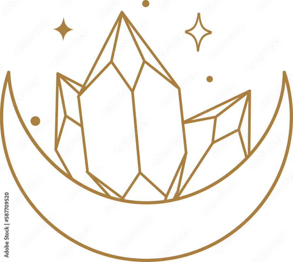 Logo in a linear style with crystals and the moon on a transparent ...
