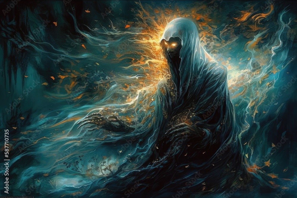 ghostly figure with an eerie, glowing face in a dark setting ...