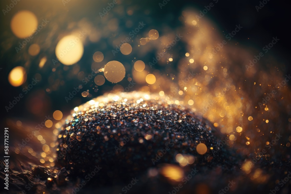 Golden glitter lights on isolated on dark background. Gold glitter dust defocused texture ...