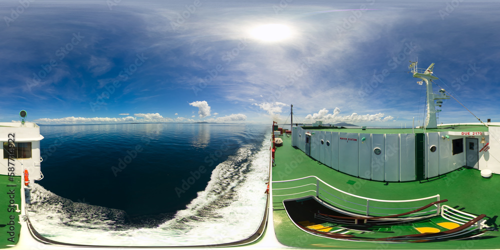 Passenger ferry at sea among tropical islands. Virtual Reality 360 ...