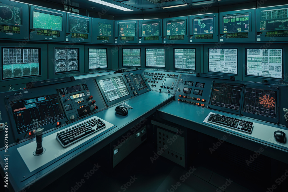 Central control panel. Operator workplace with a lot of screens and ...
