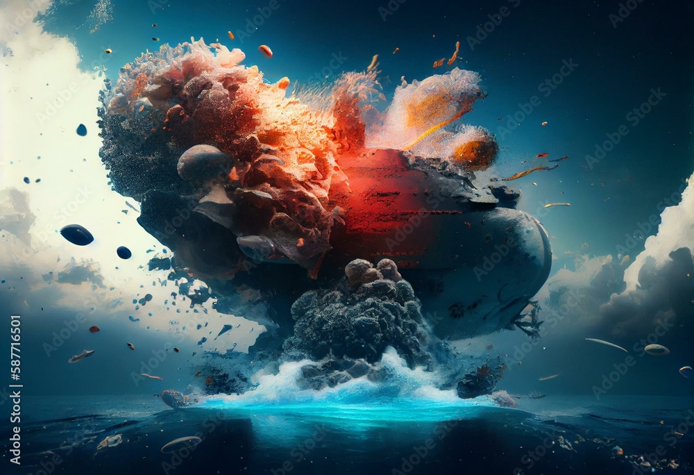 An underwater explosion and gas leak of sea surface, as well as a drone ...
