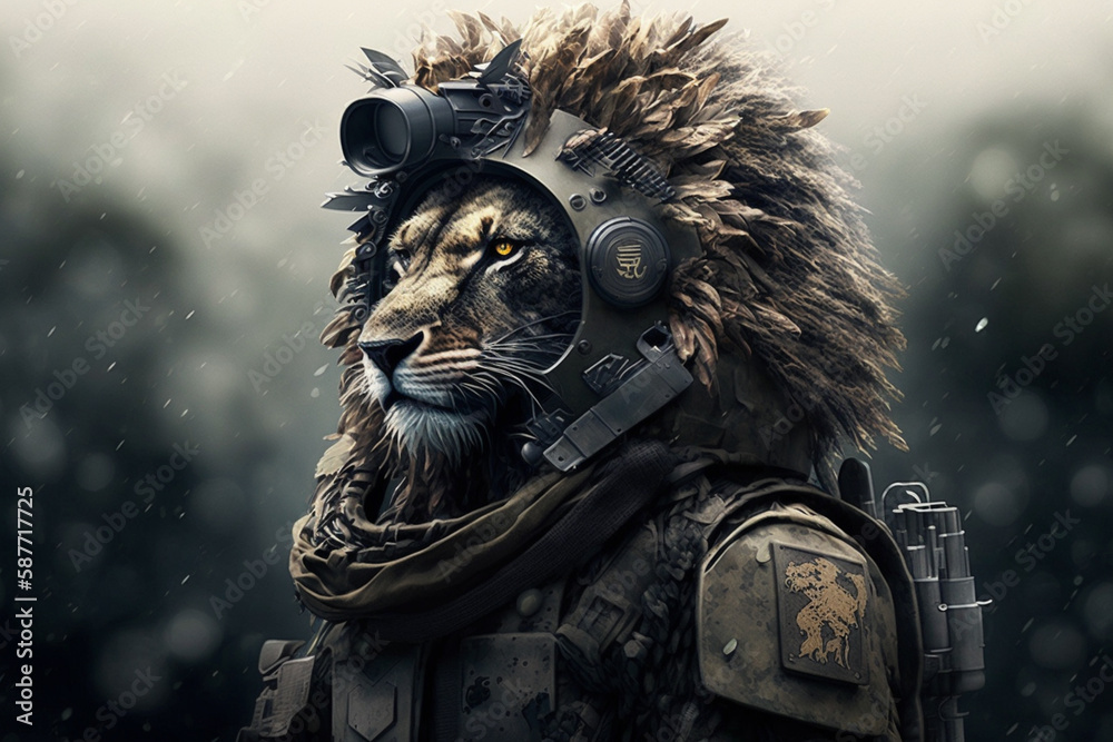 Lion dressed in military uniform as a soldier. Powerful commander army ...
