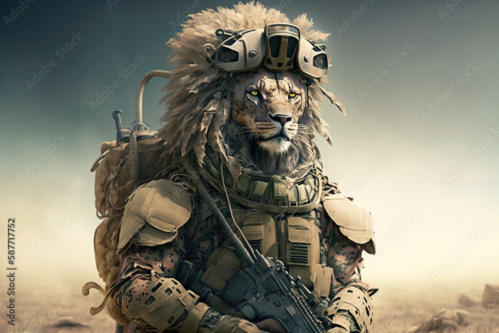 Lion dressed in military uniform as a soldier. Powerful commander army ...