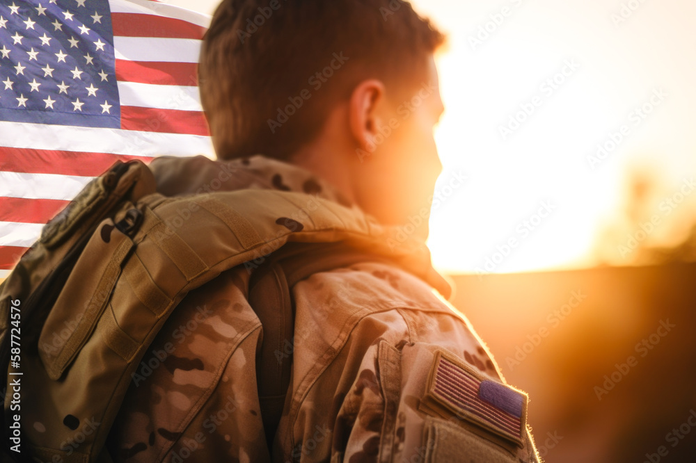 Rear view of a U.S. soldier looking at the sunset and a U.S. national ...