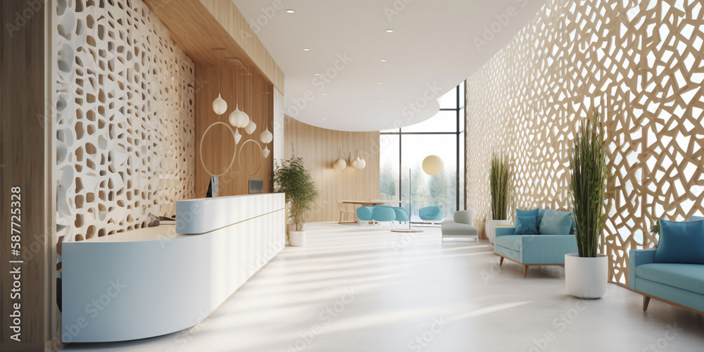 Illustration of modern hotel lobby space. sleek front desk with a white ...