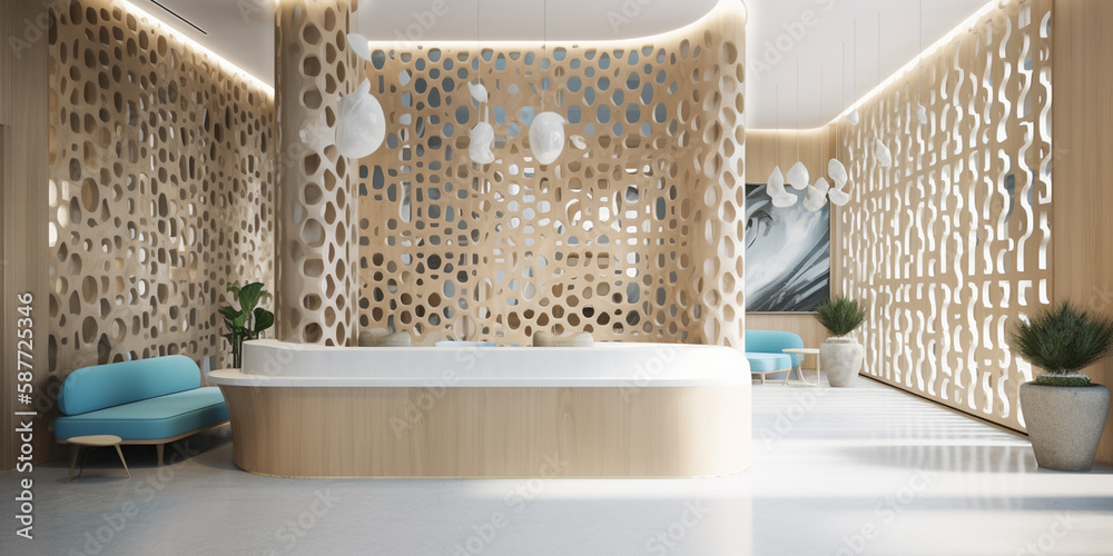 Illustration of modern hotel lobby space. sleek front desk with a white ...