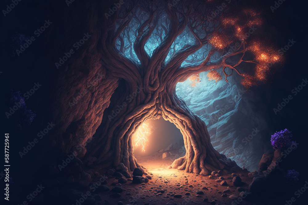 Sacred fantasy tree of life with afterlife portal gate leading to ...