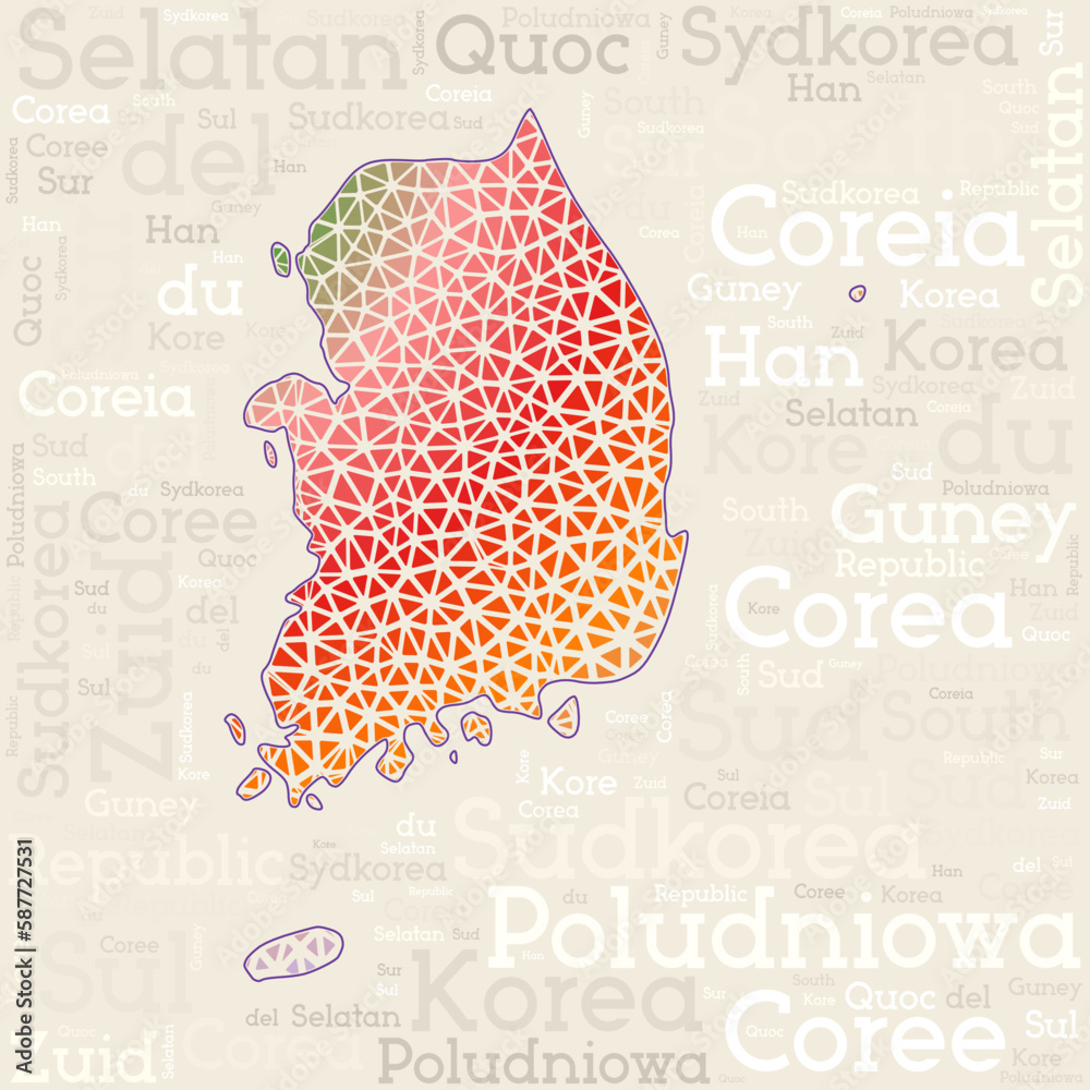 SOUTH KOREA map design. Country names in different languages and map ...